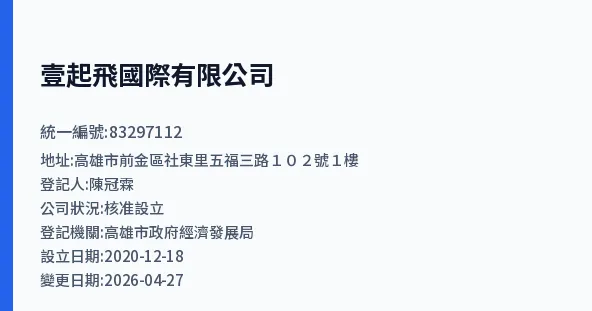 壹起飛國際有限公司的照片-統編 83297112(高雄市) 公司登記資料與營業項目詳細圖表