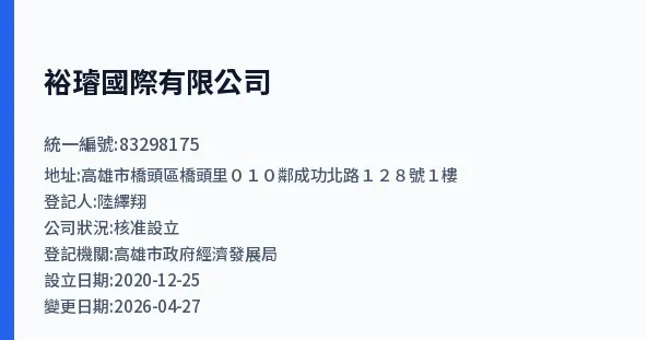 裕璿國際有限公司的照片-統編 83298175(高雄市) 公司登記資料與營業項目詳細圖表