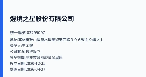 邊境之星股份有限公司的照片-統編 83299097(高雄市) 公司登記資料與營業項目詳細圖表