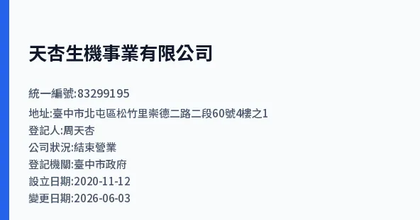 天杏生機事業有限公司的照片-統編 83299195(臺中市) 公司登記資料與營業項目詳細圖表