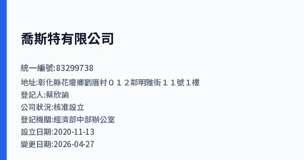 喬斯特有限公司的照片-統編 83299738(彰化縣) 公司登記資料與營業項目詳細圖表