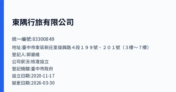 東隅行旅有限公司的照片-統編 83300849(臺中市) 公司登記資料與營業項目詳細圖表