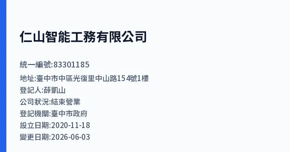 仁山智能工務有限公司的照片-統編 83301185(臺中市) 公司登記資料與營業項目詳細圖表
