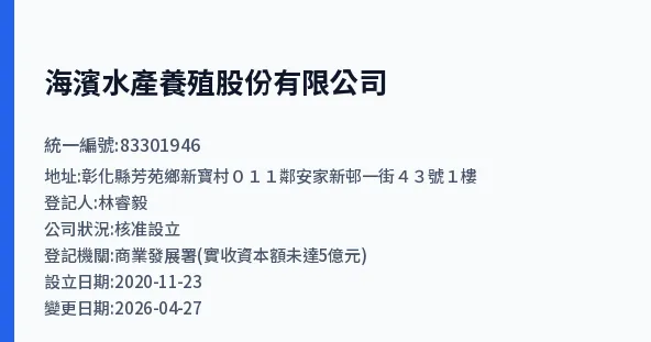 海濱水產養殖股份有限公司的照片-統編 83301946(彰化縣) 公司登記資料與營業項目詳細圖表