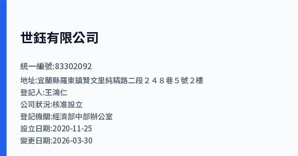 世鈺有限公司的照片-統編 83302092(宜蘭縣) 公司登記資料與營業項目詳細圖表