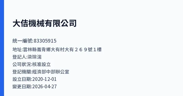 大佶機械有限公司的照片-統編 83305915(雲林縣) 公司登記資料與營業項目詳細圖表