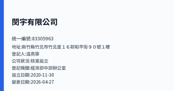 閔宇有限公司的照片-統編 83305963(新竹縣) 公司登記資料與營業項目詳細圖表