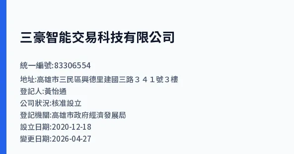 三豪智能交易科技有限公司的照片-統編 83306554(高雄市) 公司登記資料與營業項目詳細圖表