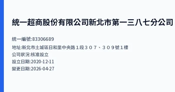 統一超商股份有限公司新北市第一三八七分公司的照片-統編 83306689(新北市) 公司登記資料與營業項目詳細圖表