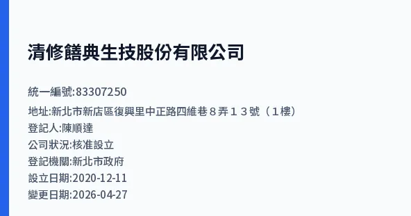 清修饍典生技股份有限公司的照片-統編 83307250(新北市) 公司登記資料與營業項目詳細圖表