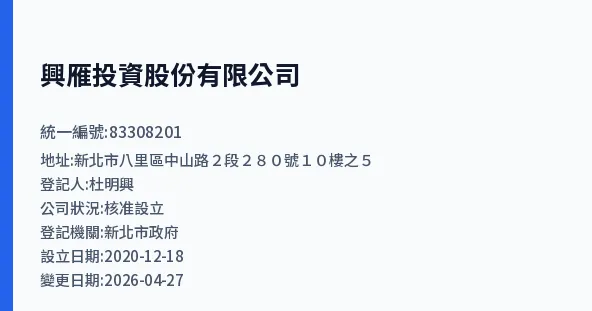 興雁投資股份有限公司的照片-統編 83308201(新北市) 公司登記資料與營業項目詳細圖表