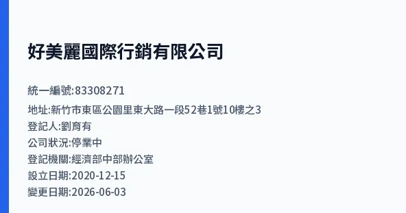 好美麗國際行銷有限公司的照片-統編 83308271(新竹市) 公司登記資料與營業項目詳細圖表