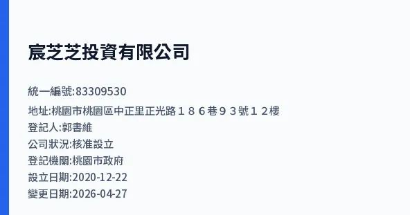 宸芝芝投資有限公司的照片-統編 83309530(桃園市) 公司登記資料與營業項目詳細圖表