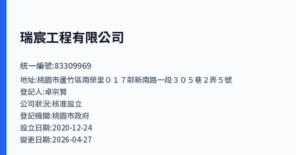 瑞宸工程有限公司的照片-統編 83309969(桃園市) 公司登記資料與營業項目詳細圖表