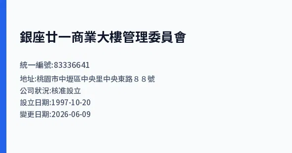 銀座廿一商業大樓管理委員會的照片-統編 83336641(桃園市) 公司登記資料與營業項目詳細圖表