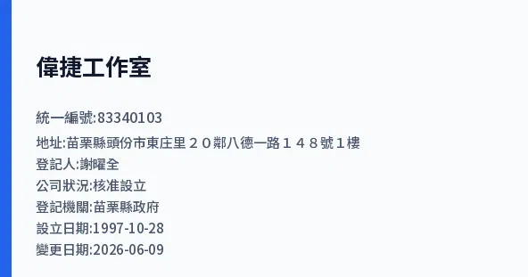 偉捷工作室的照片-統編 83340103(苗栗縣) 公司登記資料與營業項目詳細圖表