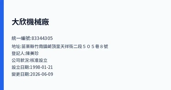 大欣機械廠的照片-統編 83344305(苗栗縣) 公司登記資料與營業項目詳細圖表