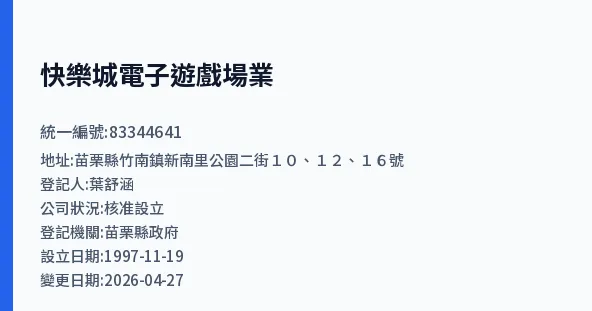 快樂城電子遊戲場業的照片-統編 83344641(苗栗縣) 公司登記資料與營業項目詳細圖表