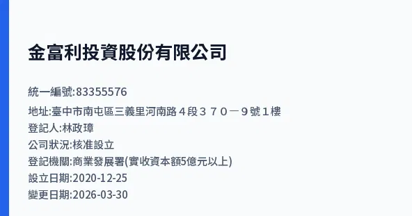 金富利投資股份有限公司的照片-統編 83355576(臺中市) 公司登記資料與營業項目詳細圖表