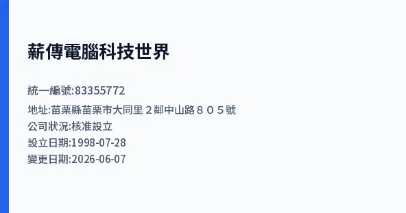 薪傳電腦科技世界的照片-統編 83355772(苗栗縣) 公司登記資料與營業項目詳細圖表