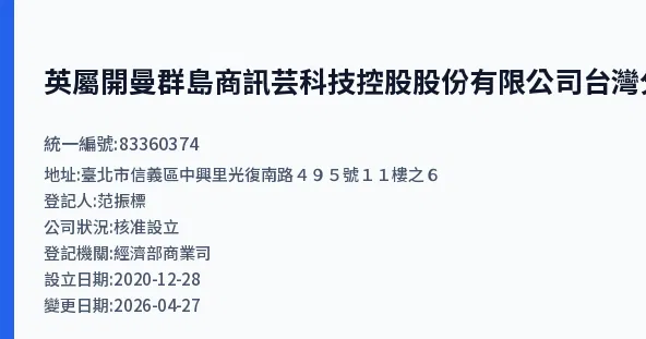 英屬開曼群島商訊芸科技控股股份有限公司台灣分公司的照片-統編 83360374(臺北市) 公司登記資料與營業項目詳細圖表