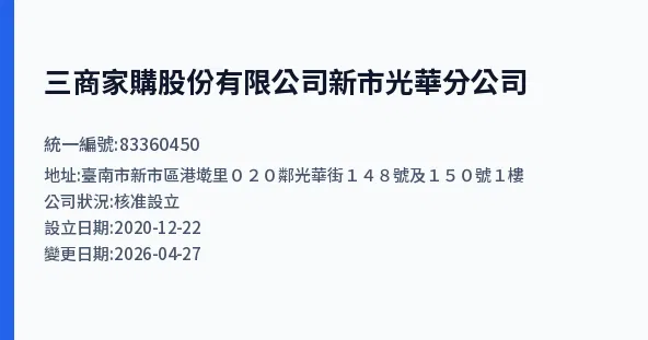 三商家購股份有限公司新市光華分公司的照片-統編 83360450(臺南市) 公司登記資料與營業項目詳細圖表