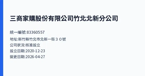 三商家購股份有限公司竹北北新分公司的照片-統編 83360557(新竹縣) 公司登記資料與營業項目詳細圖表