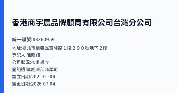 香港商宇晨品牌顧問有限公司台灣分公司的照片-統編 83360959(臺北市) 公司登記資料與營業項目詳細圖表