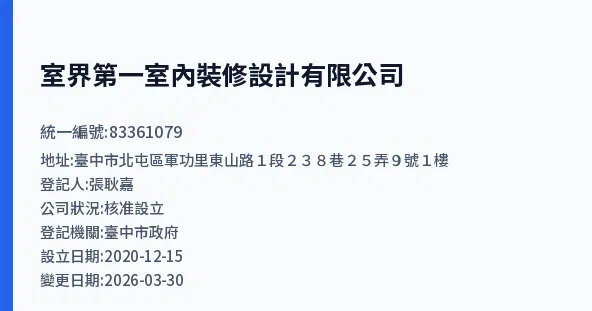 室界第一室內裝修設計有限公司的照片-統編 83361079(臺中市) 公司登記資料與營業項目詳細圖表