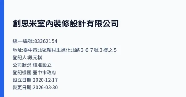 創思米室內裝修設計有限公司的照片-統編 83362154(臺中市) 公司登記資料與營業項目詳細圖表