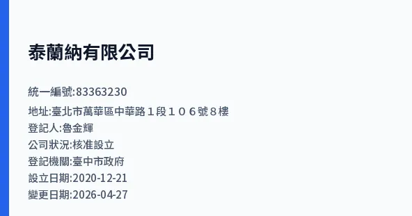 泰蘭納有限公司的照片-統編 83363230(臺北市) 公司登記資料與營業項目詳細圖表