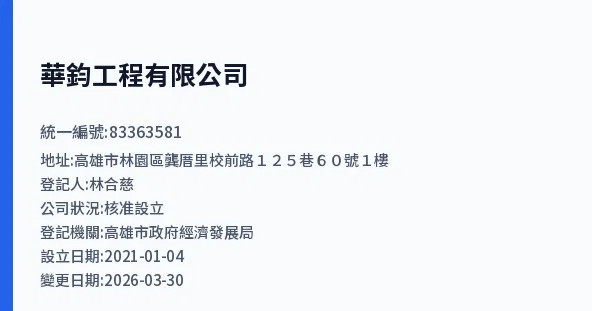 華鈞工程有限公司的照片-統編 83363581(高雄市) 公司登記資料與營業項目詳細圖表