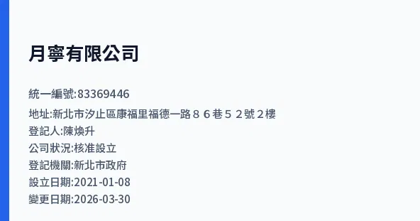 月寧有限公司的照片-統編 83369446(新北市) 公司登記資料與營業項目詳細圖表