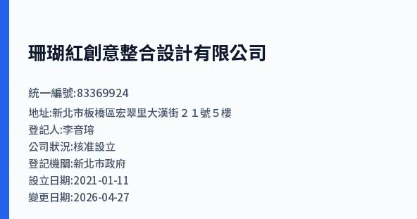 珊瑚紅創意整合設計有限公司的照片-統編 83369924(新北市) 公司登記資料與營業項目詳細圖表