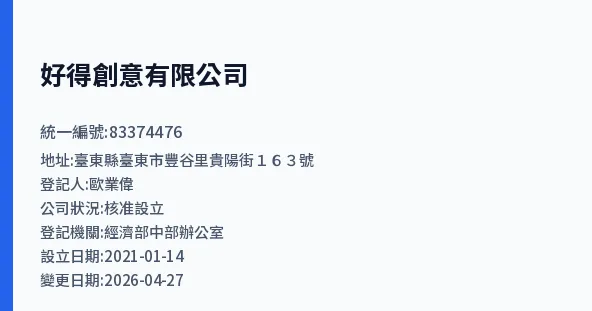 好得創意有限公司的照片-統編 83374476(臺東縣) 公司登記資料與營業項目詳細圖表