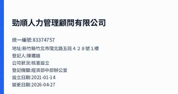 勁順人力管理顧問有限公司的照片-統編 83374757(新竹縣) 公司登記資料與營業項目詳細圖表