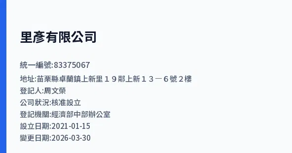 里彥有限公司的照片-統編 83375067(苗栗縣) 公司登記資料與營業項目詳細圖表