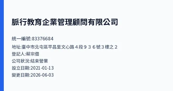 脈行教育企業管理顧問有限公司的照片-統編 83376684(臺中市) 公司登記資料與營業項目詳細圖表