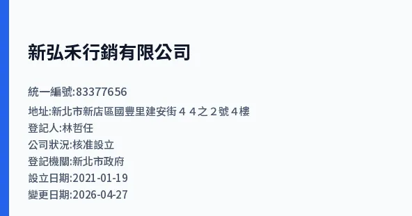 新弘禾行銷有限公司的照片-統編 83377656(新北市) 公司登記資料與營業項目詳細圖表
