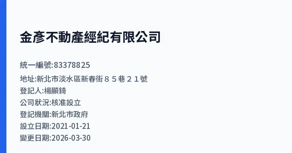 金彥不動產經紀有限公司的照片-統編 83378825(新北市) 公司登記資料與營業項目詳細圖表