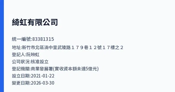 綺虹有限公司的照片-統編 83381315(新竹市) 公司登記資料與營業項目詳細圖表