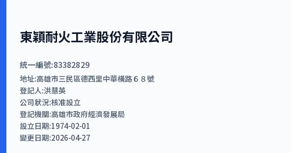 東穎耐火工業股份有限公司的照片-統編 83382829(高雄市) 公司登記資料與營業項目詳細圖表