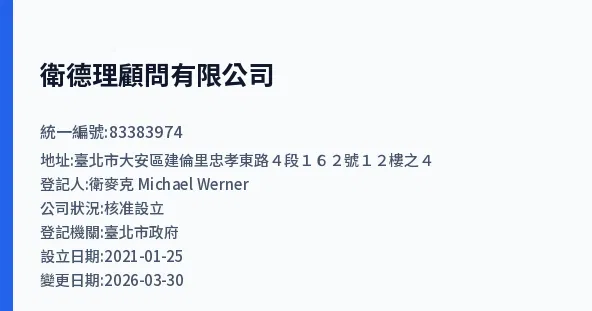 衛德理顧問有限公司的照片-統編 83383974(臺北市) 公司登記資料與營業項目詳細圖表