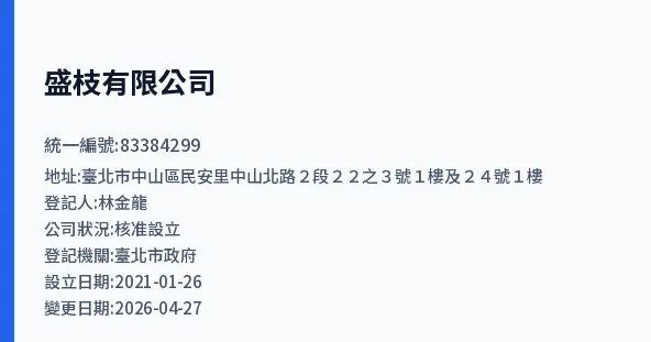 盛枝有限公司的照片-統編 83384299(臺北市) 公司登記資料與營業項目詳細圖表