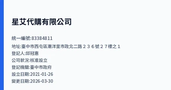 星艾代購有限公司的照片-統編 83384811(臺中市) 公司登記資料與營業項目詳細圖表