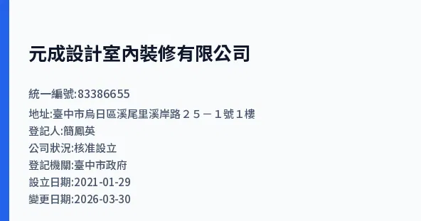 元成設計室內裝修有限公司的照片-統編 83386655(臺中市) 公司登記資料與營業項目詳細圖表