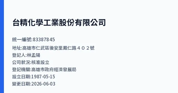台精化學工業股份有限公司的照片-統編 83387845(高雄市) 公司登記資料與營業項目詳細圖表