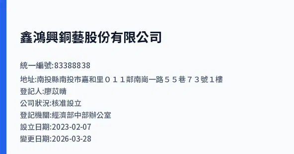 鑫鴻興銅藝股份有限公司的照片-統編 83388838(南投縣) 公司登記資料與營業項目詳細圖表
