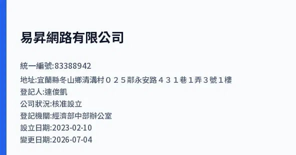 易昇網路有限公司的照片-統編 83388942(宜蘭縣) 公司登記資料與營業項目詳細圖表