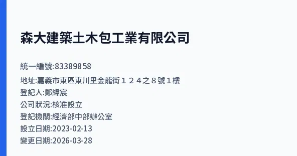 森大建築土木包工業有限公司的照片-統編 83389858(嘉義市) 公司登記資料與營業項目詳細圖表